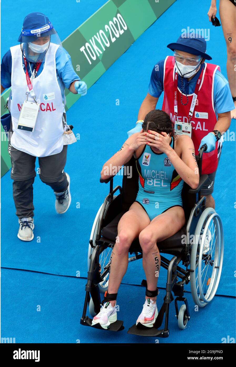 Belgian Claire Michel looks exhausted, after the women triathlon event ...