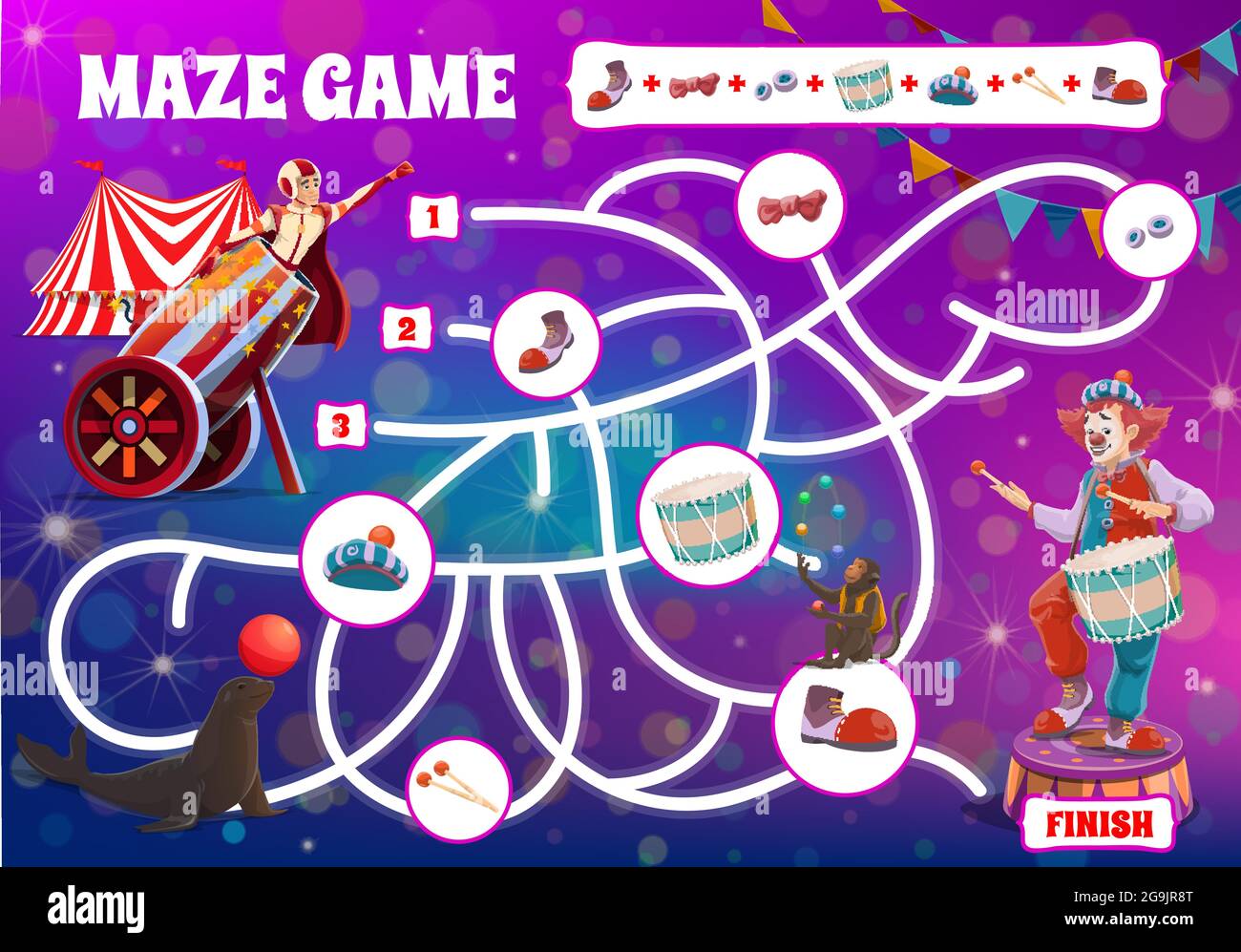 Kids maze game, make circus clown cartoon boardgame with shapito ...