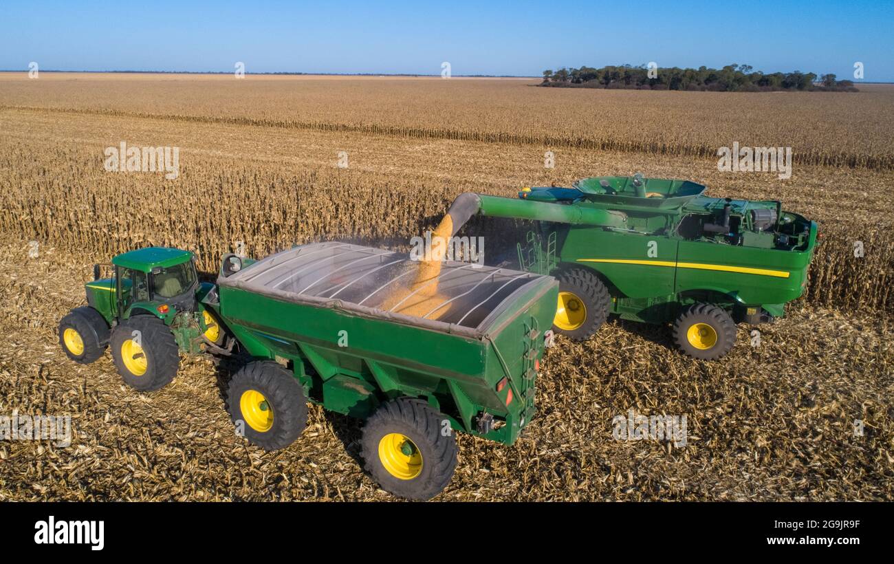 Aerial view of unloading corn grain into tractor trailer after harvest ...
