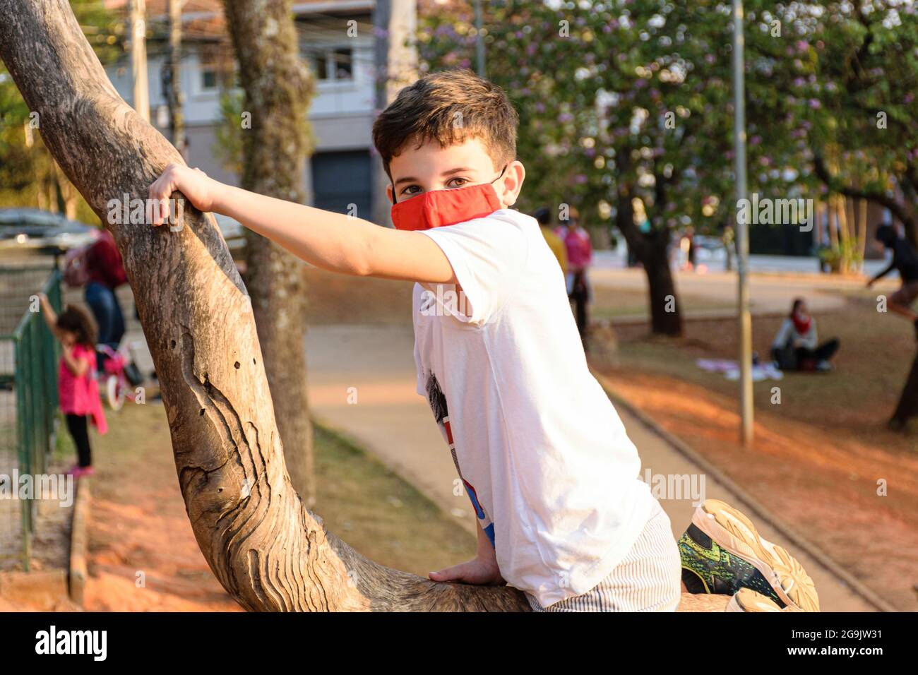 8 year old child, with mask, on a tree trunk in a public square Stock ...