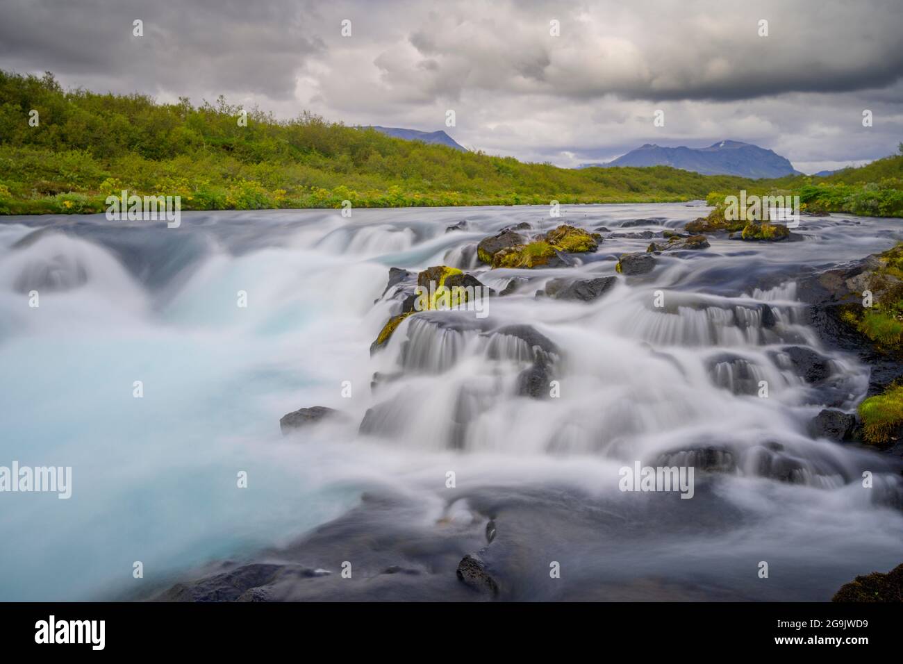 Turquoise water of the Bruar at Midfoss waterfall, Blaskogabyggo ...