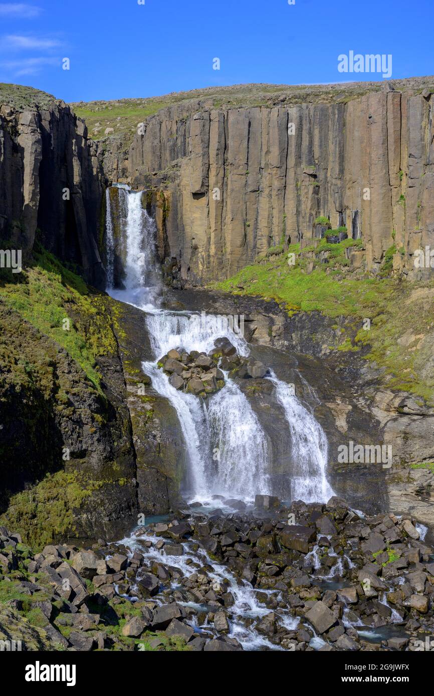 Basalt walls at Studlafoss, waterfall round Laugafell hut, Fljotsdalur ...