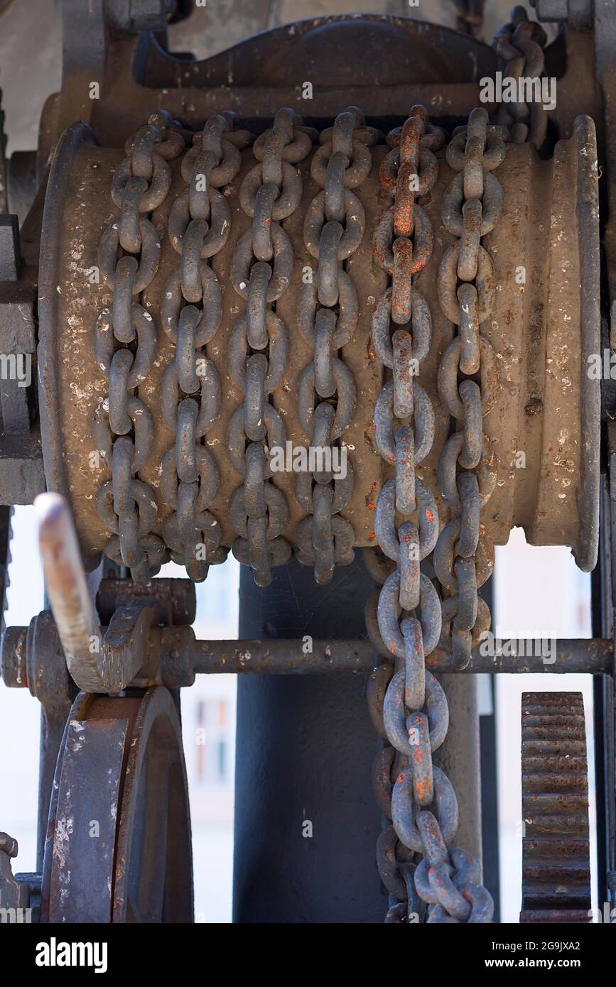 Old chain winch from a historic harbour crane, Bamberg, Upper Franconia ...