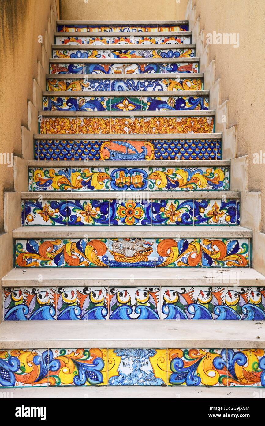 Staircase steps decorated with ceramic tiles, Sciacca, Sicily, Italy ...