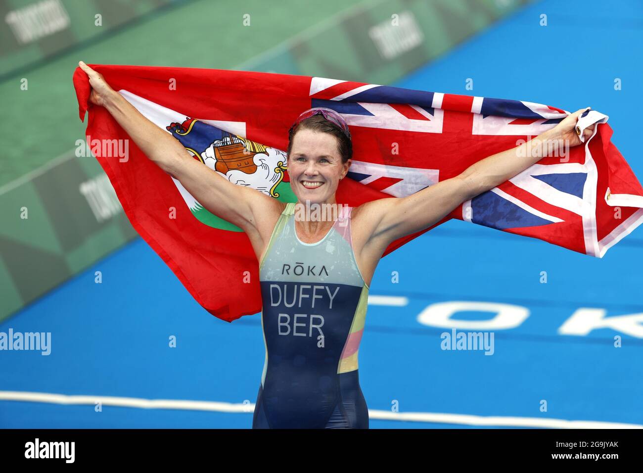Tokyo, Japan. 27th July 2021. Flora Duffy of Bermuda celebrates after ...