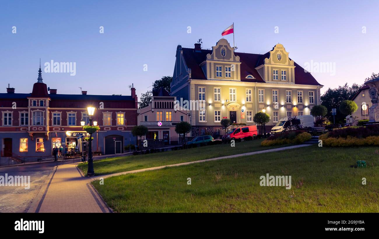 The market square, town hall, evening, Skarszewy, Schoeneck, Poland ...