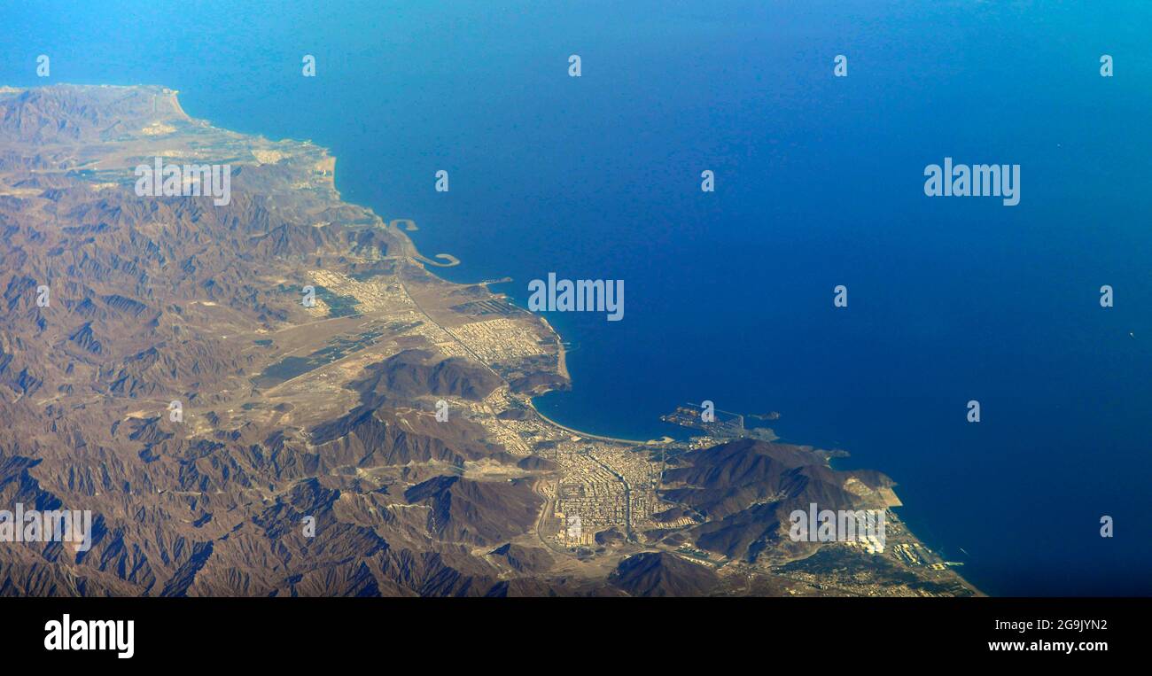 Aerial views of the UAE coast around Sharm, Al Bidya and Khor Fakkan ...