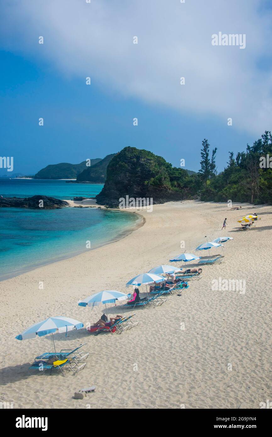 Sun shades on Furuzamami Beach, Zamami island, Kerama islands, Okinawa ...