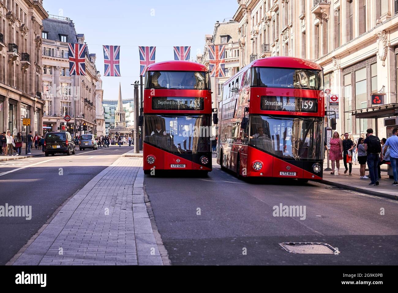 Two buses on Regent Street, London, England, United Kingdom Stock Photo ...