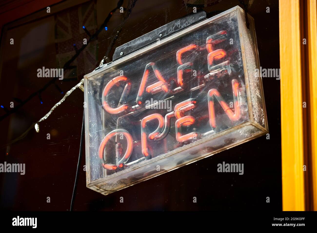 Illuminated sign Cafe Open, London, England, Great Britain Stock Photo ...