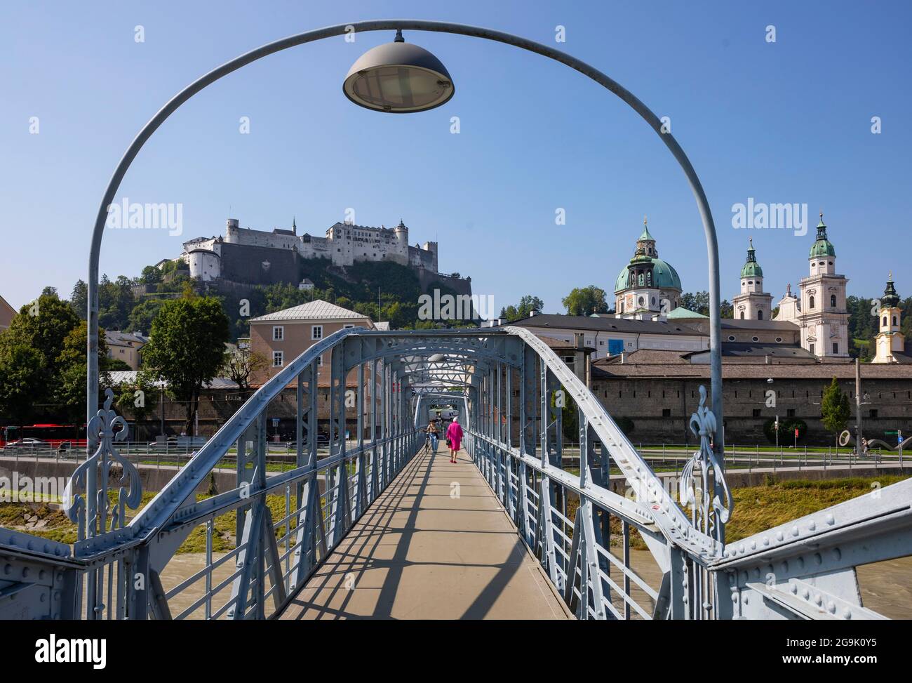 Mozartsteg over the Salzach river with a view of Salzburg's old town ...