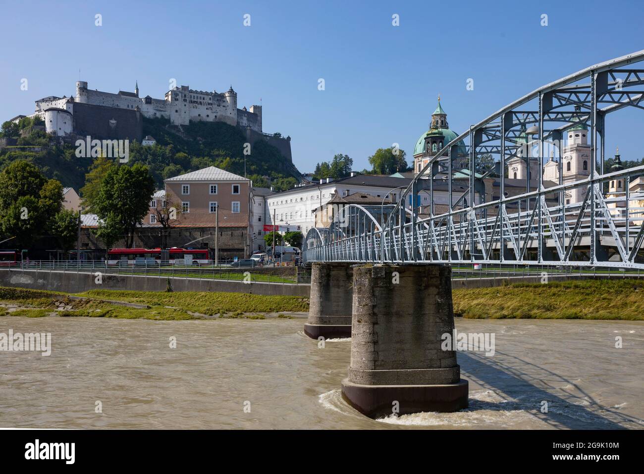 Mozartsteg over the Salzach river with a view of Salzburg's old town ...
