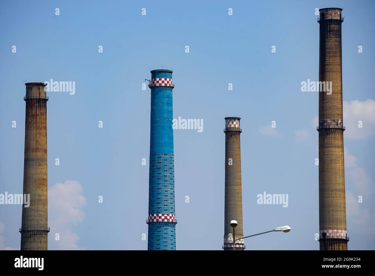 Bucharest, Romania - July 12, 2021: The chimneys of the CET Sud power ...