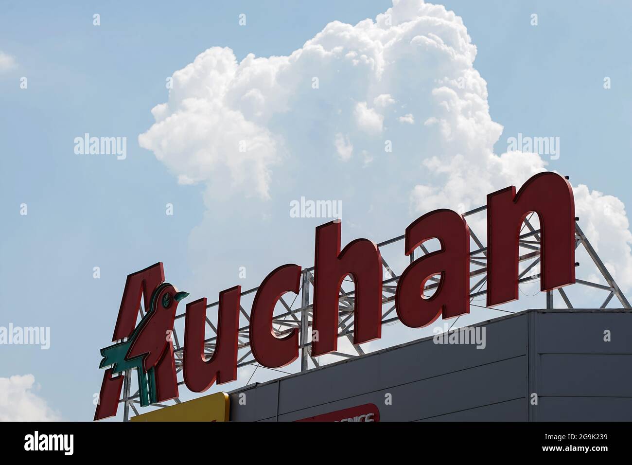 Bucharest, Romania - July 12, 2021: The signs of French supermarket ...