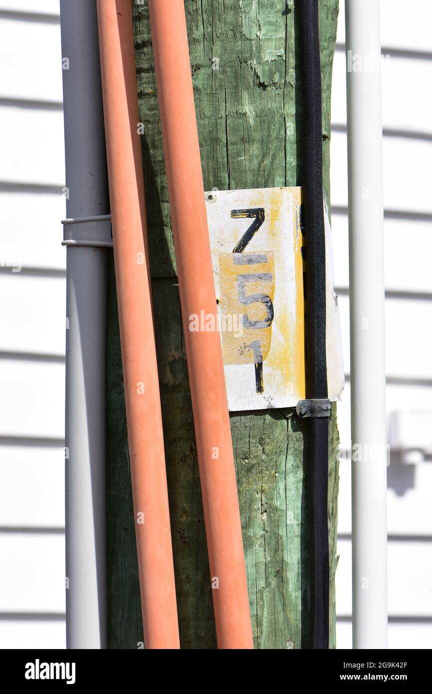 Treated timber electric grid pole with pole marking and cables in ...