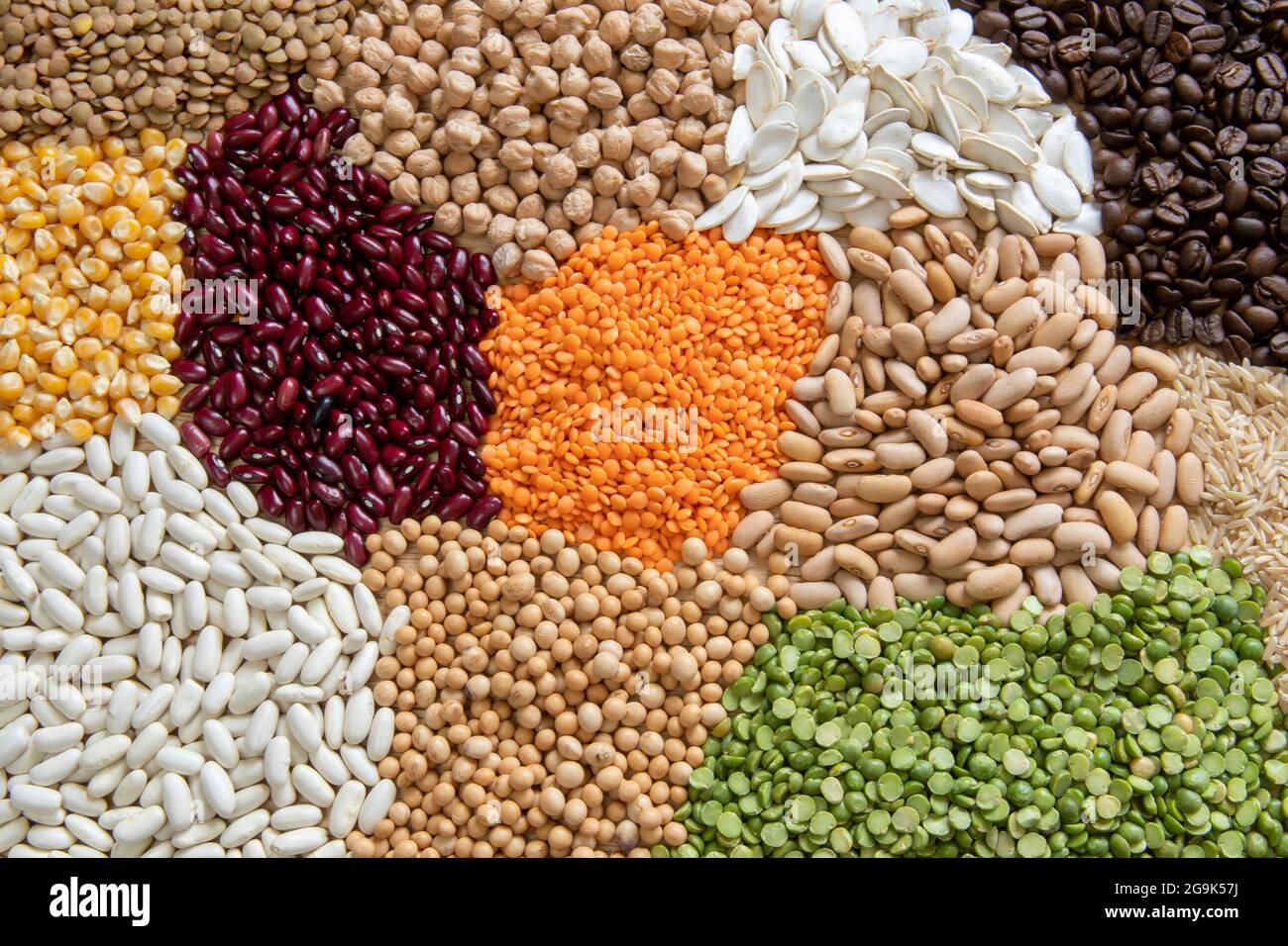 Servings of different varieties of cereals and dry edible seeds ...