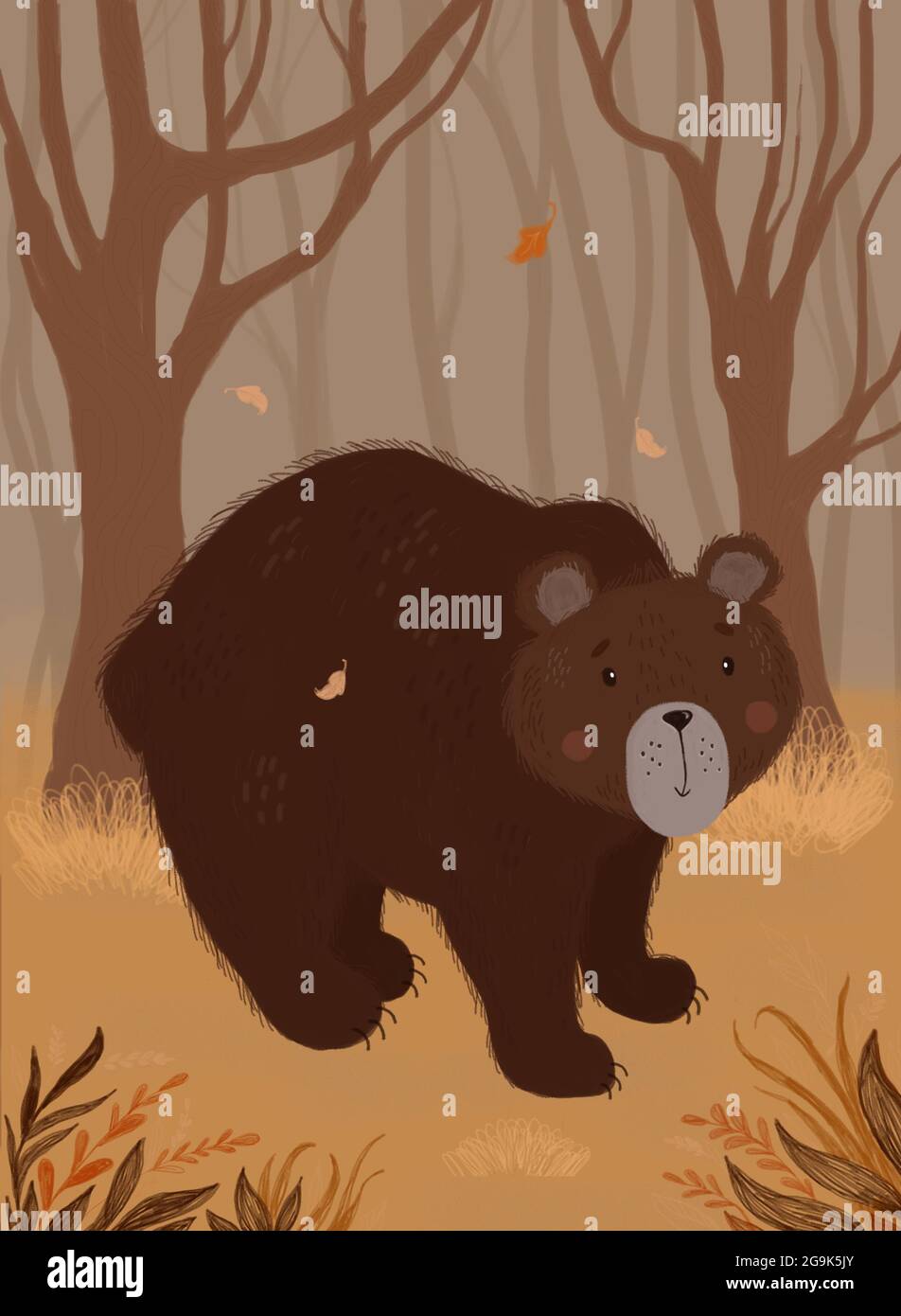 Cute brown bear in the autumn forest. Autumn landscape. Raster ...