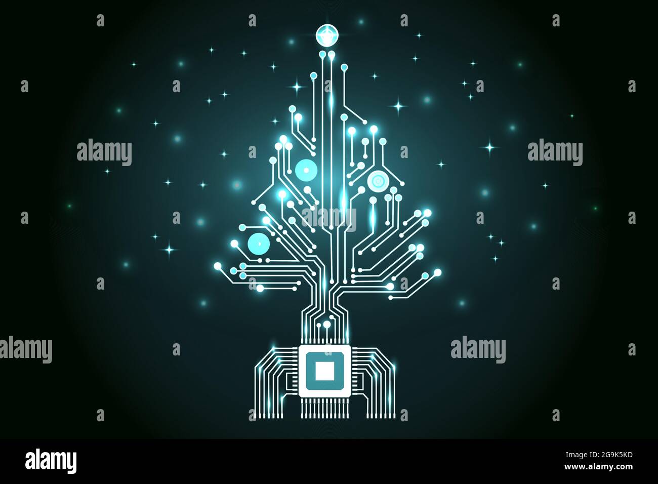 Christmas tree from digital electronic circuit. Abstract green lighting ...