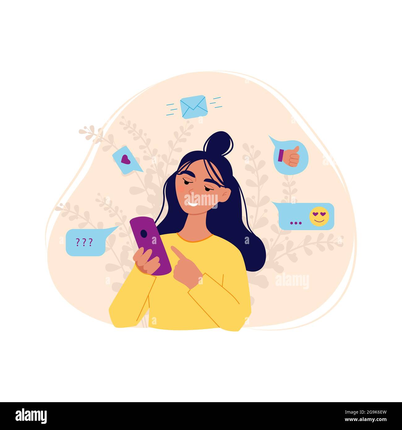 Girl holding smartphone reads message, web communication, vector ...