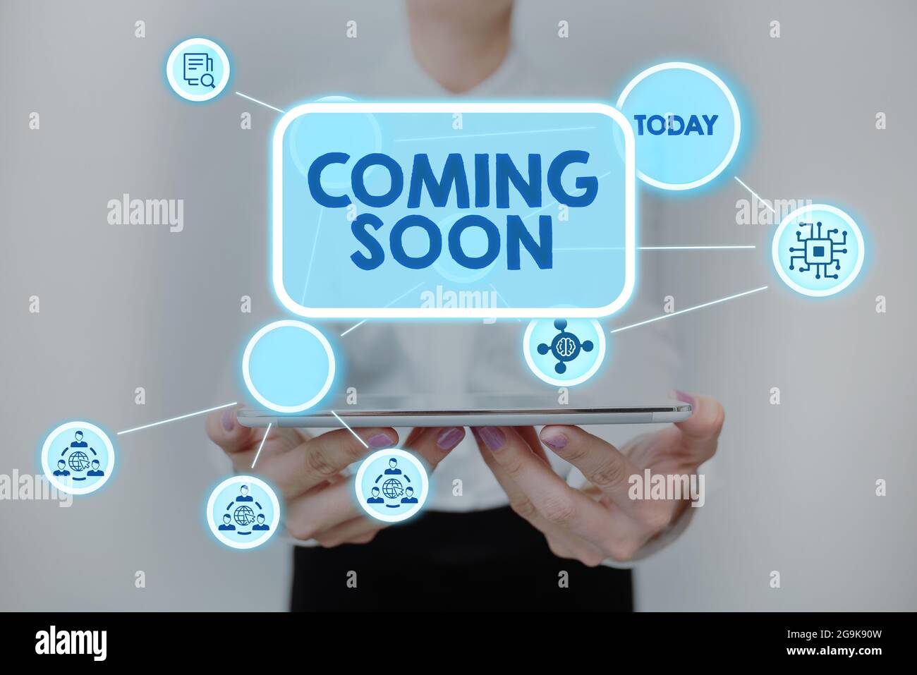 Text caption presenting Coming Soon. Concept meaning an event that is ...