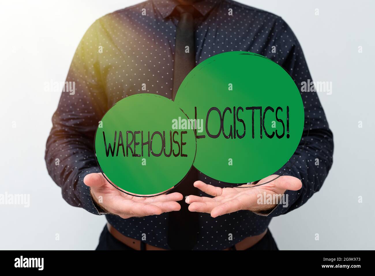 Sign displaying Warehouse Logistics. Business overview flow of both ...