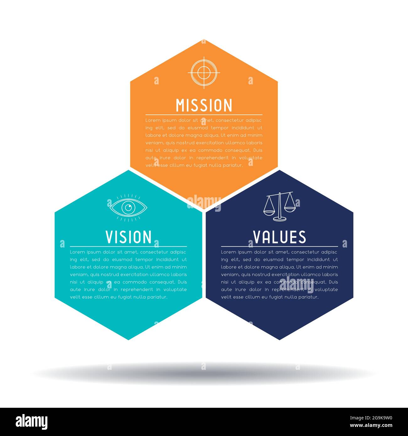Mission, vision, values concept - hexagon graphics - vector ...