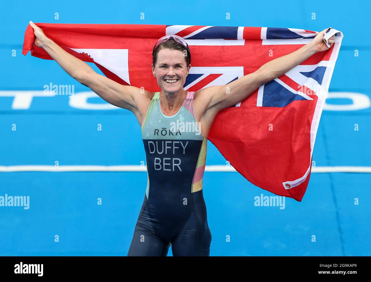 Tokyo, Japan. 27th July, 2021. Flora Duffy of Bermuda celebrates after ...