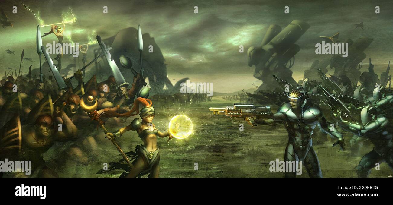 digital illustration of fantasy science fiction character in war battle ...