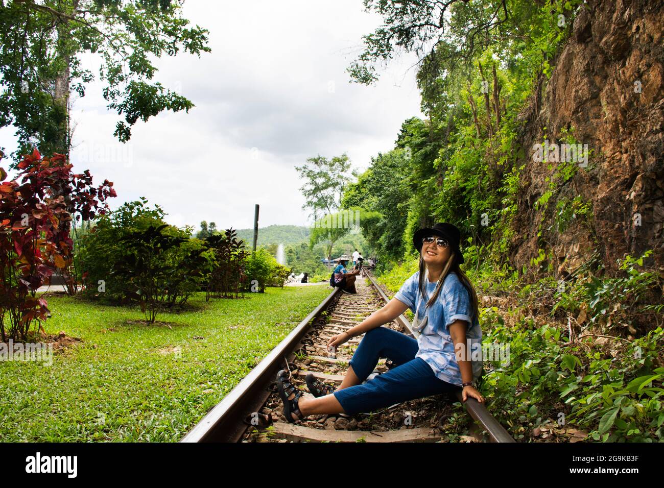 Asian travelers thai women travel visit and posing portrait on track ...