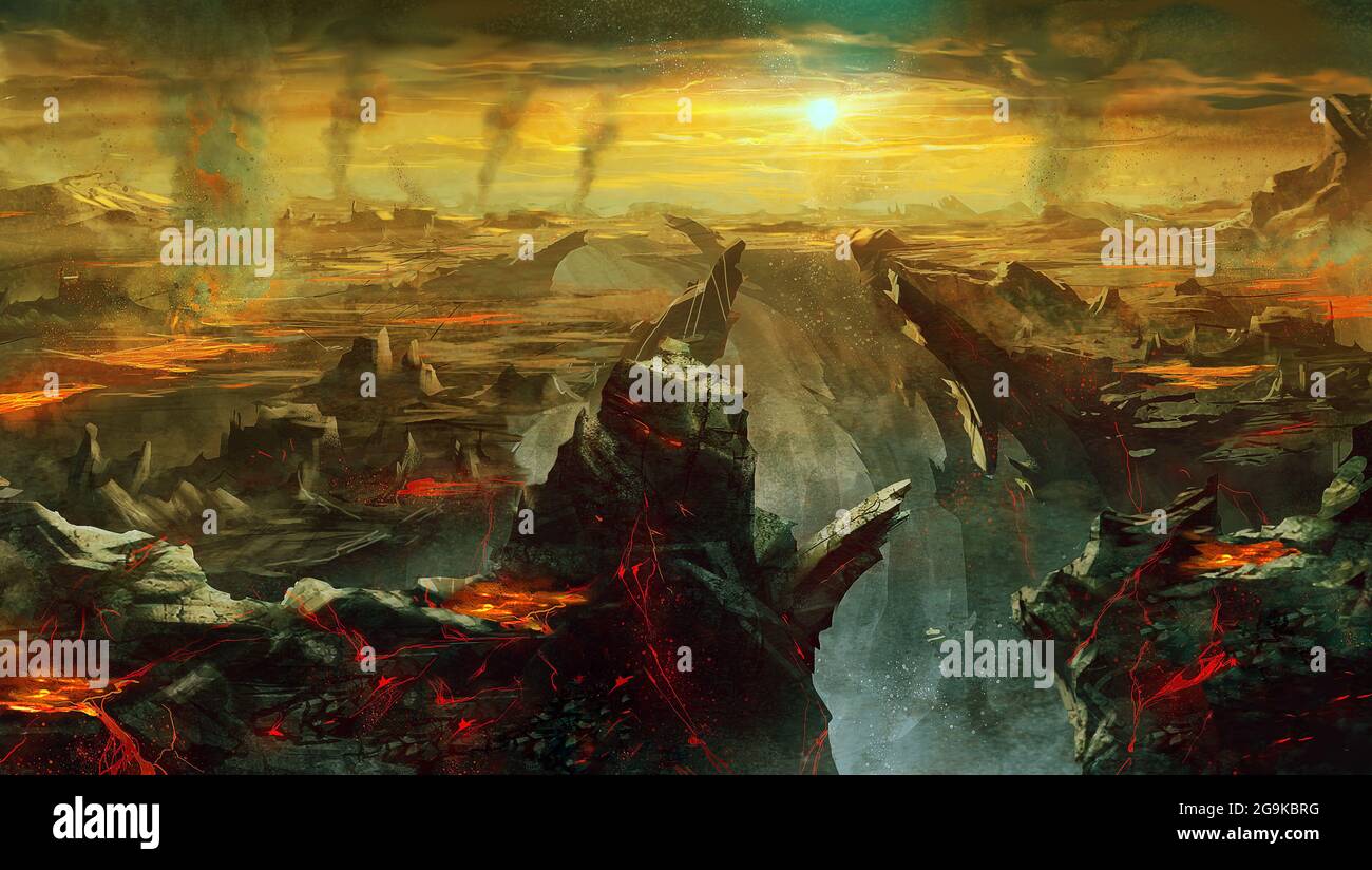 digital illustration of fantasy environment background in hell with ...