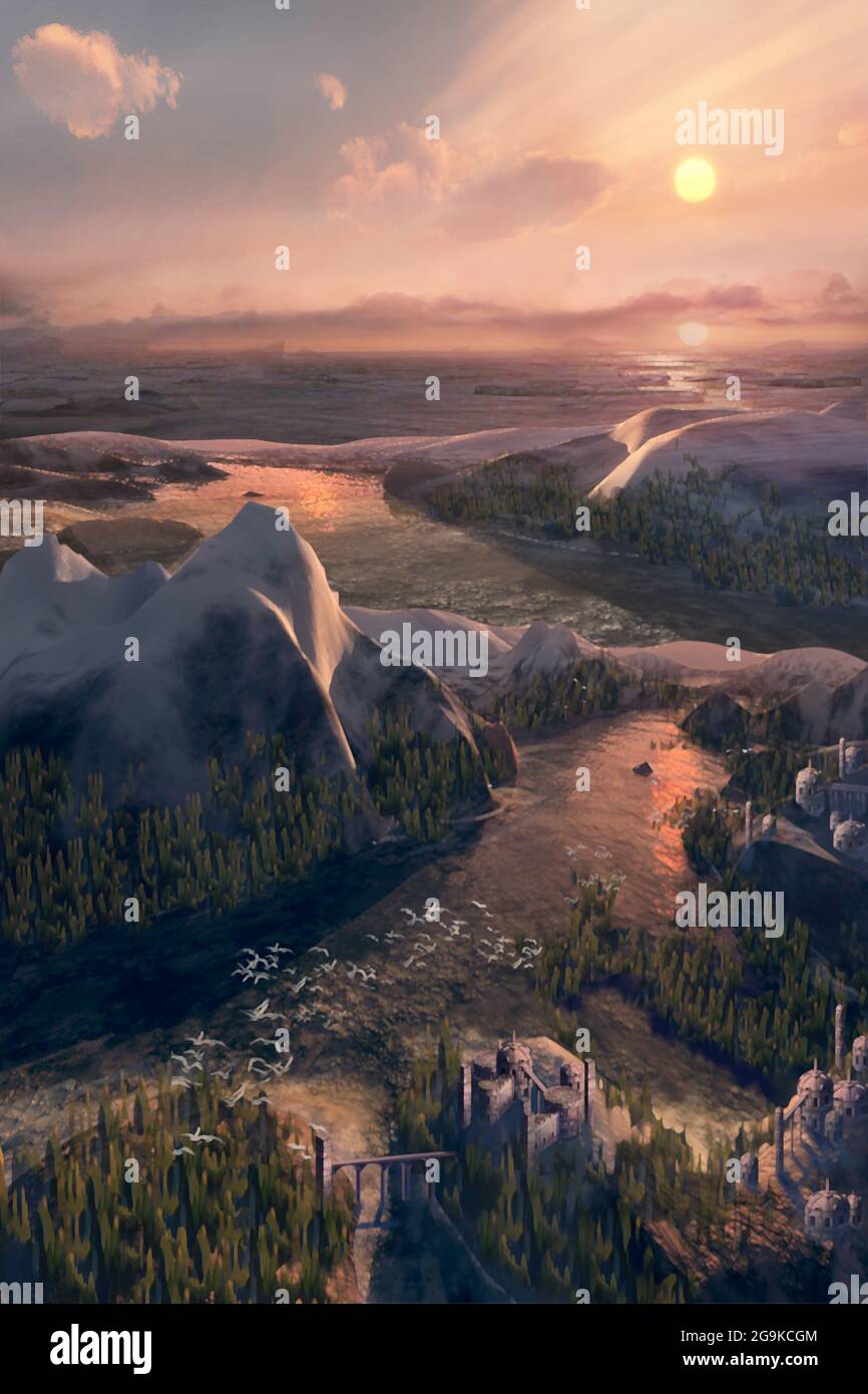 digital illustration of 3d generated beautiful landscape environment in ...