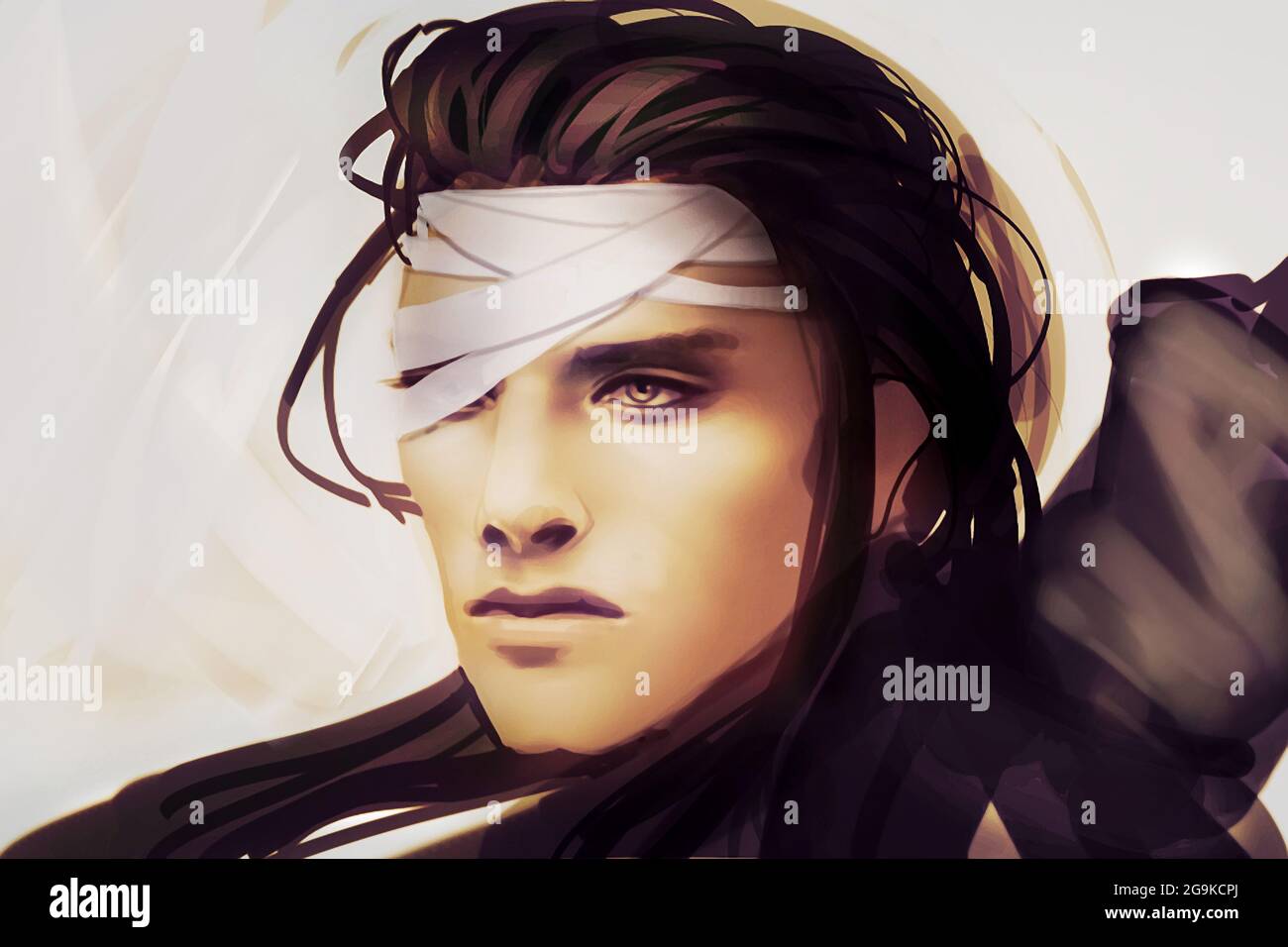 digital illustration of a realistic face of a handsome man with one eye ...