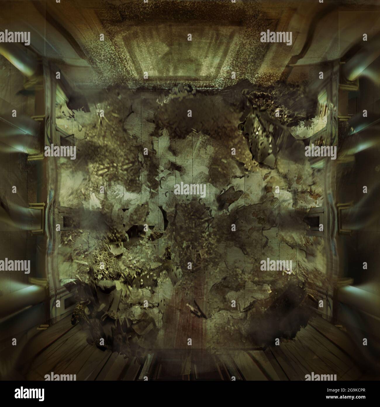 digital illustration of abandoned destroyed hall courtyard station look ...