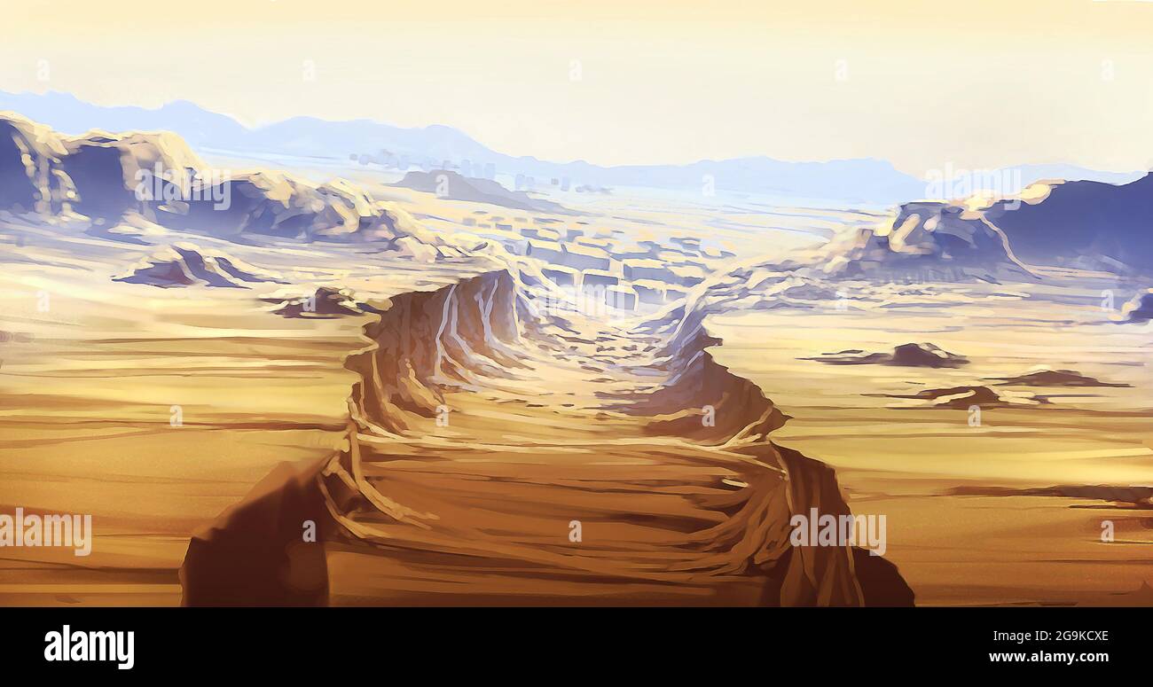 Digital Illustration Of Abandoned Desert Land Canyon Landscape View