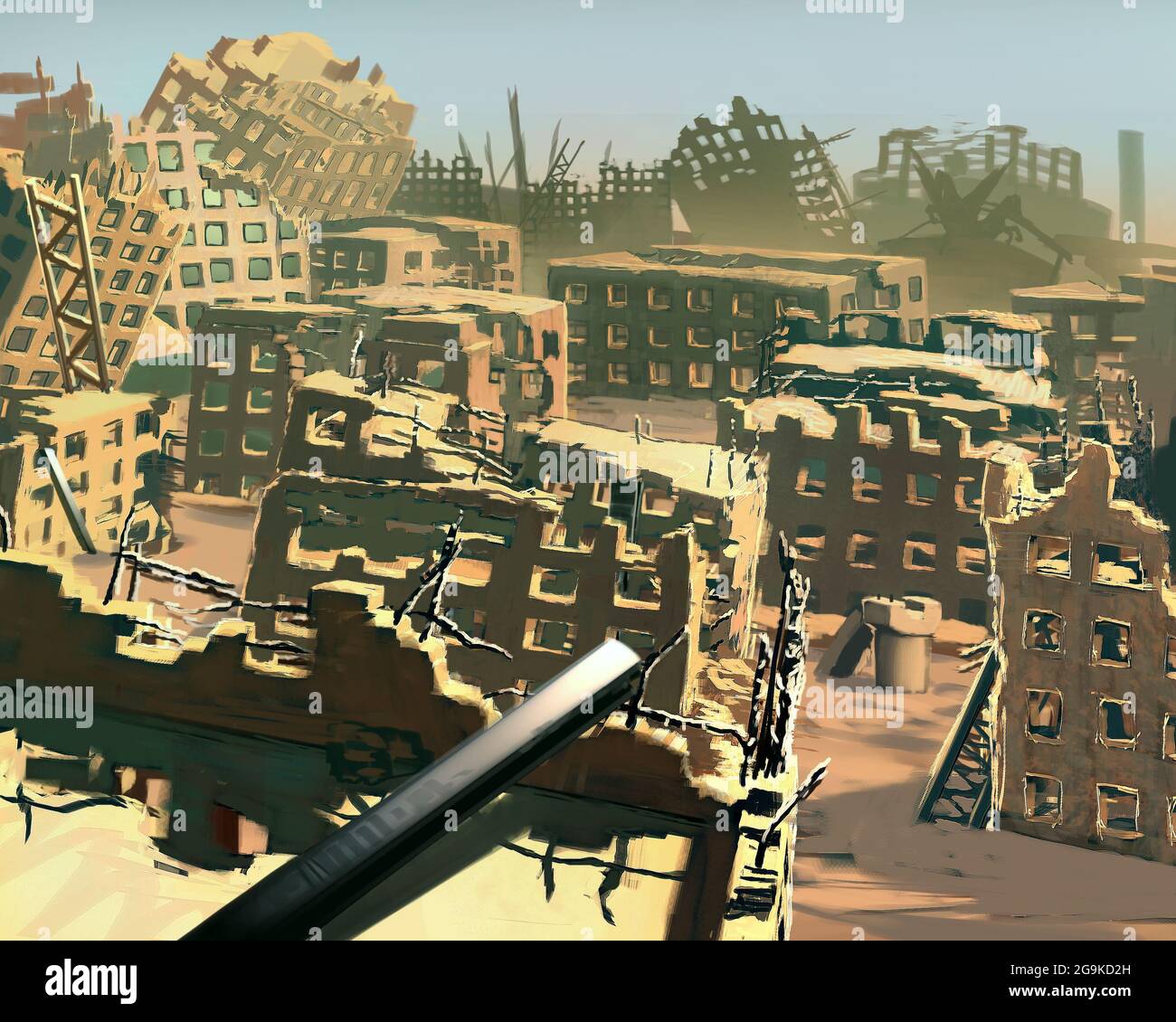 digital illustration of destroyed abandoned ruin city landscape view ...