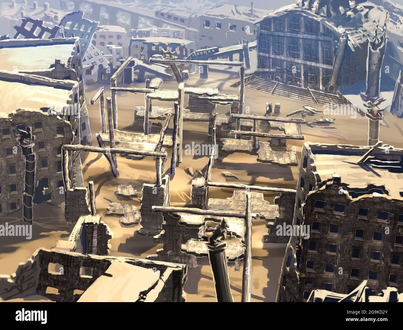 digital illustration of destroyed abandoned ruin city landscape view ...
