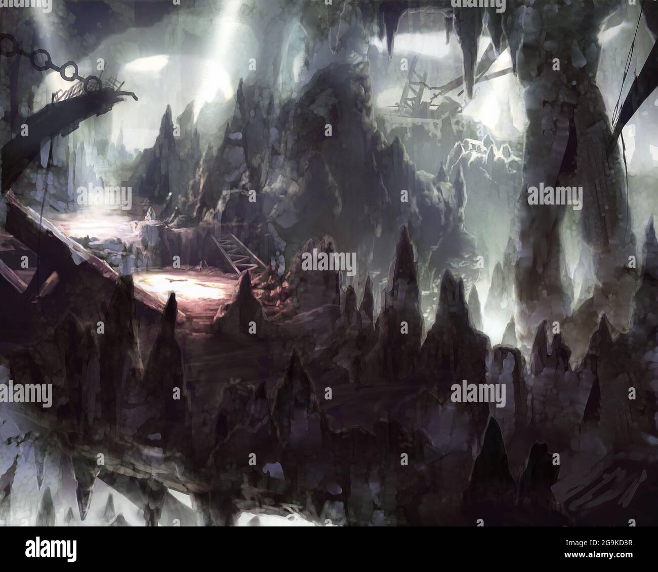 digital illustration of underground stalactites cave tunnel system with ...