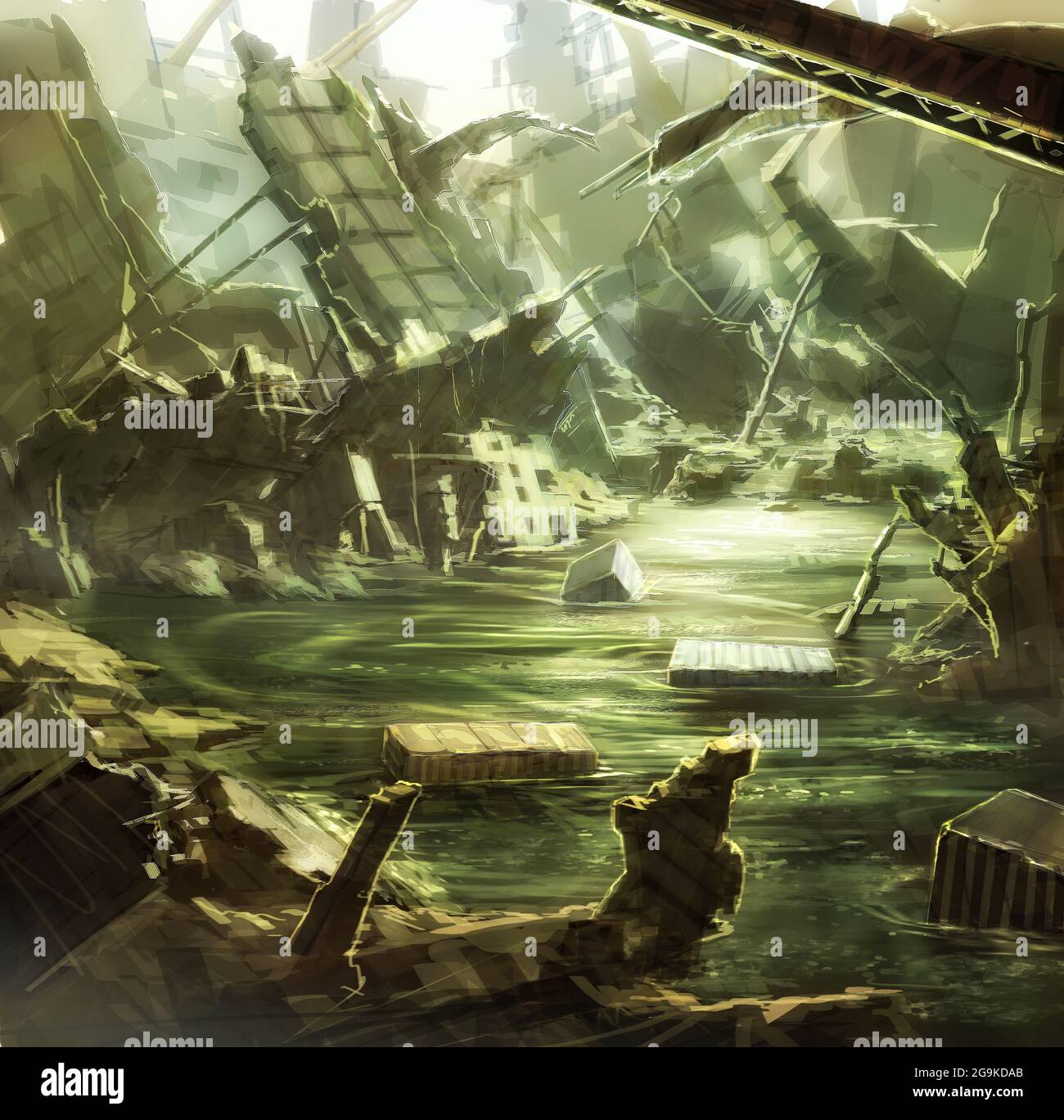 digital illustration of destroyed abandoned city street view ...