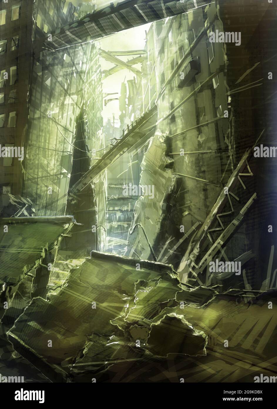 digital illustration of destroyed abandoned city street view ...