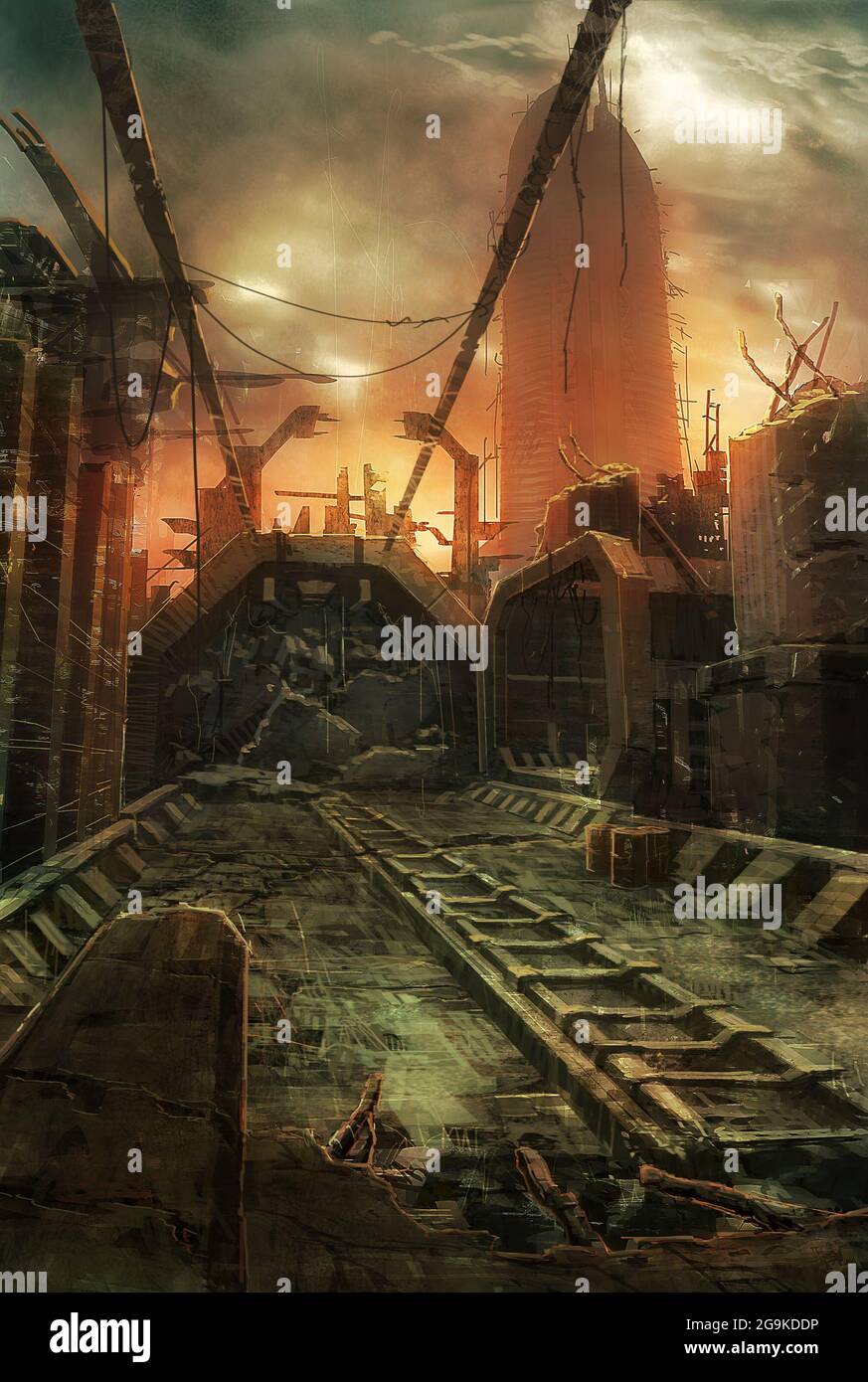 digital illustration of destroyed abandoned city street view ...