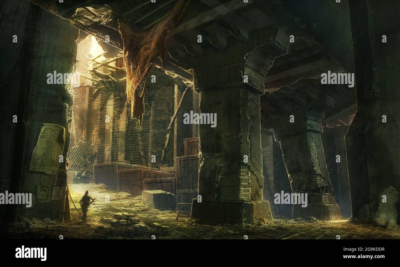 digital illustration of destroyed abandoned city street view ...