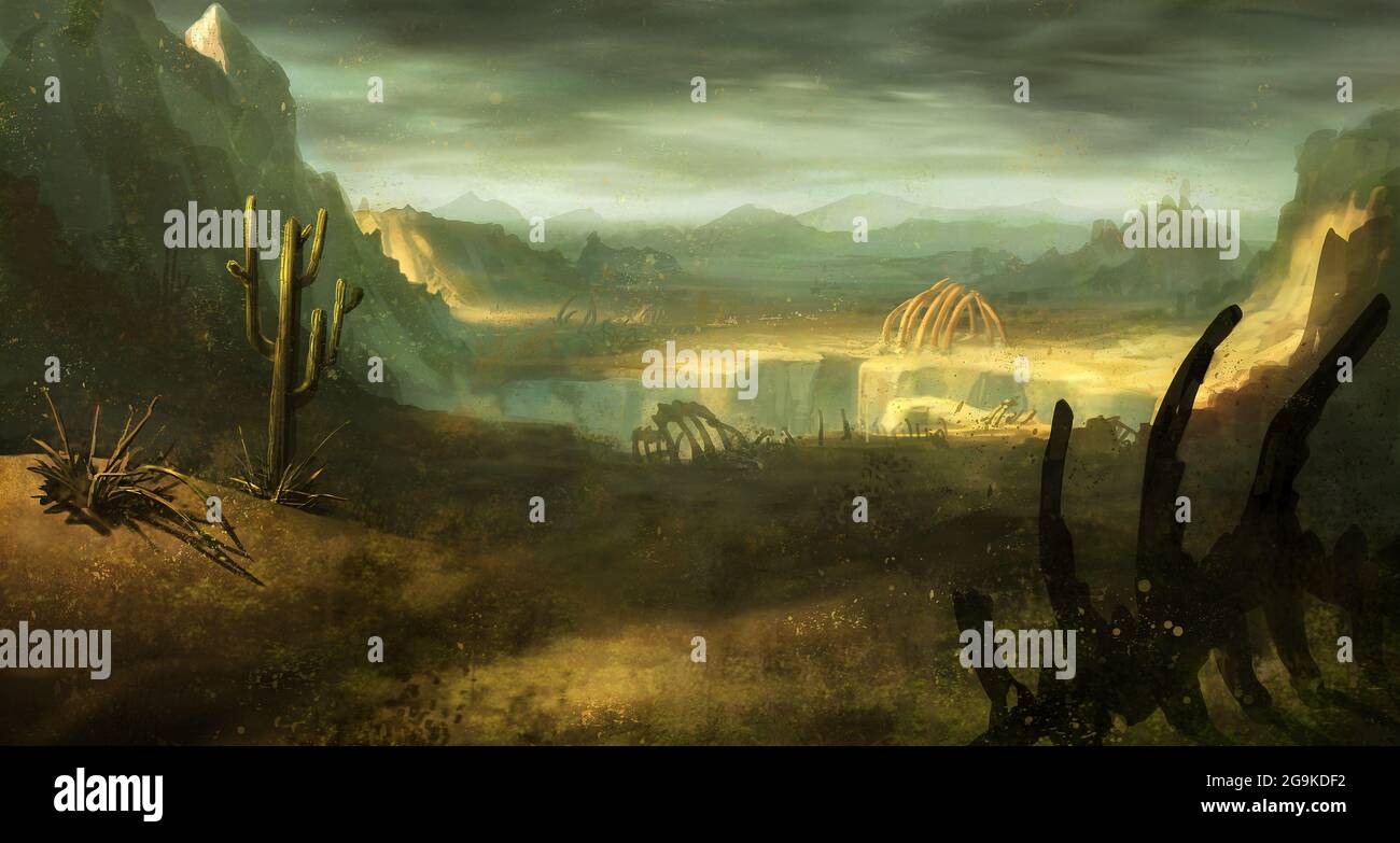 digital illustration of abandoned desert land environment landscape ...