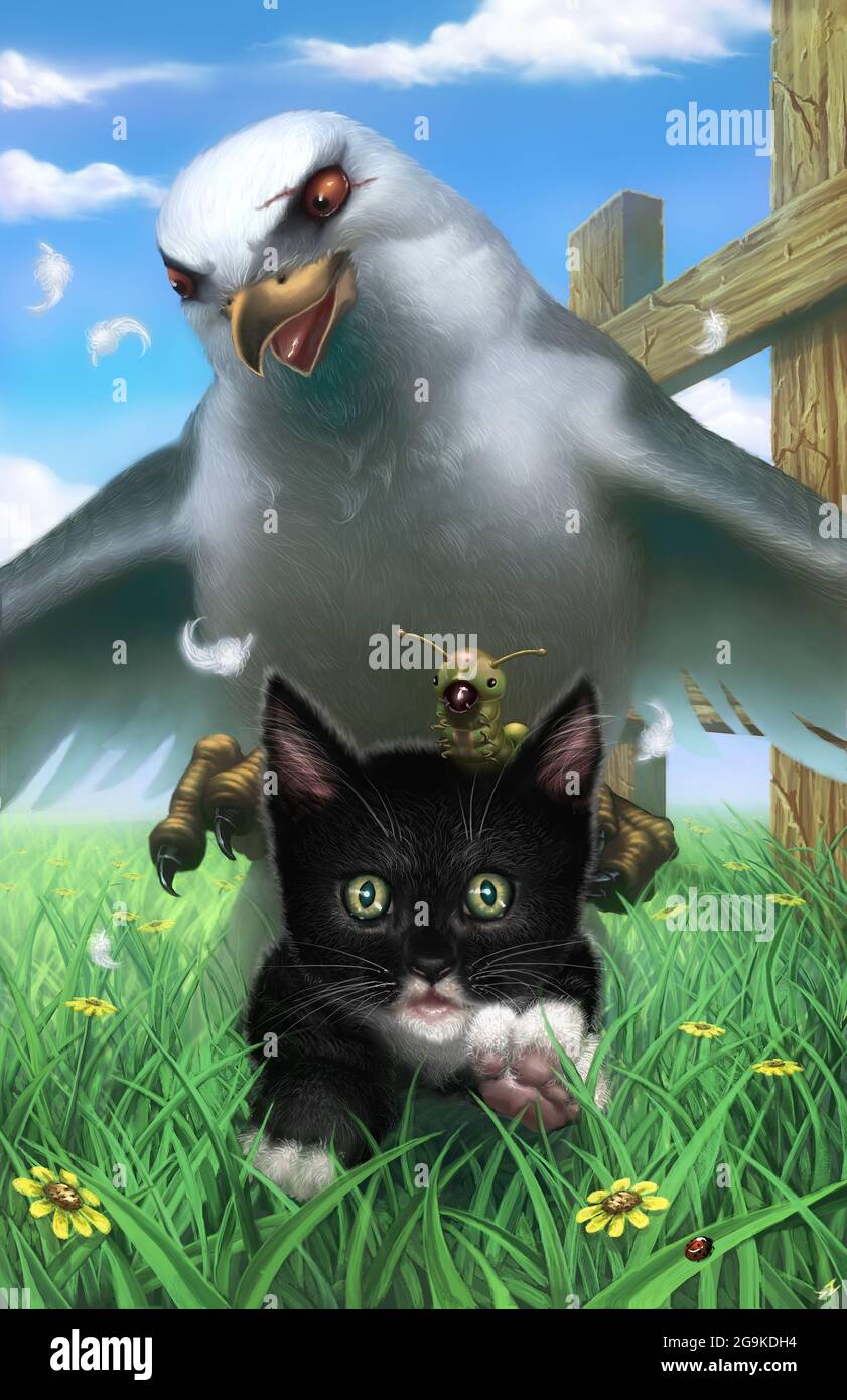 digital illustration of a evil mean seagull chasing a black and white ...