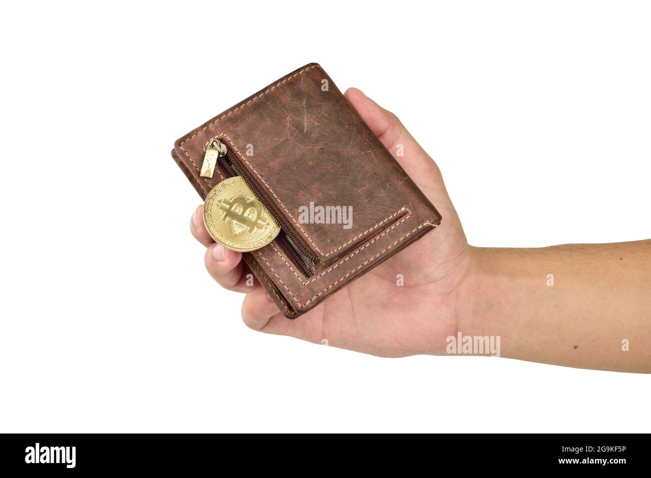 Bitcoin Wallet In Hand Isolated On White Background With Clipping Path ...