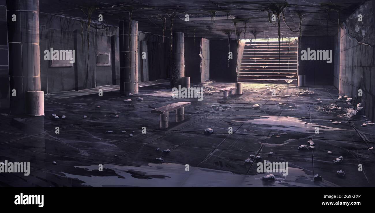 digital illustration of destroyed abandoned interior view in train ...