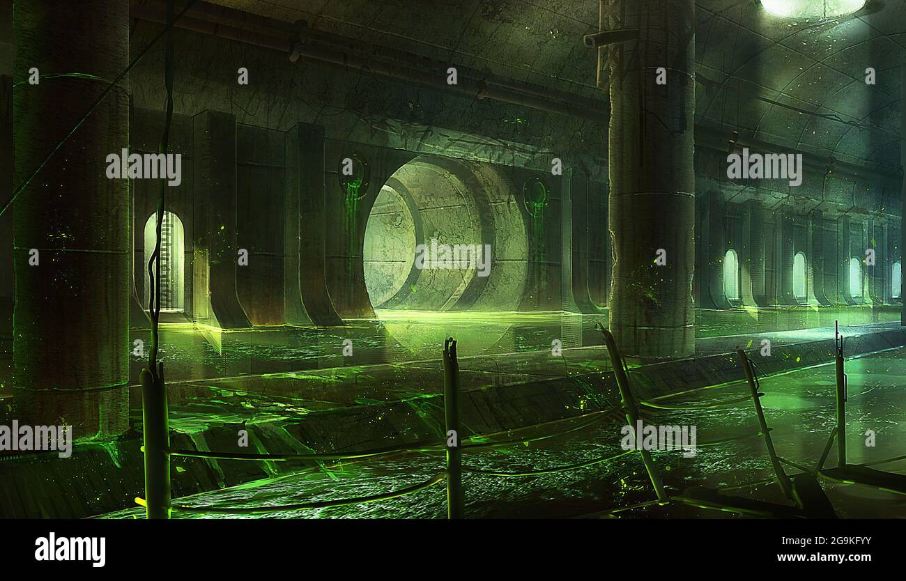 digital illustration of destroyed abandoned interior view in sewer ...