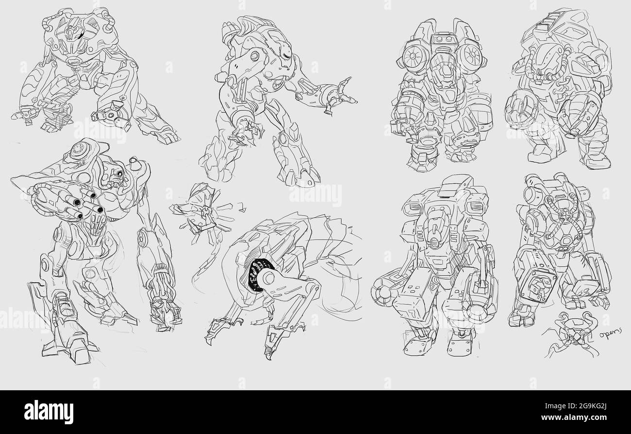 digital illustration of rough sketch of various servant waiter robot ...