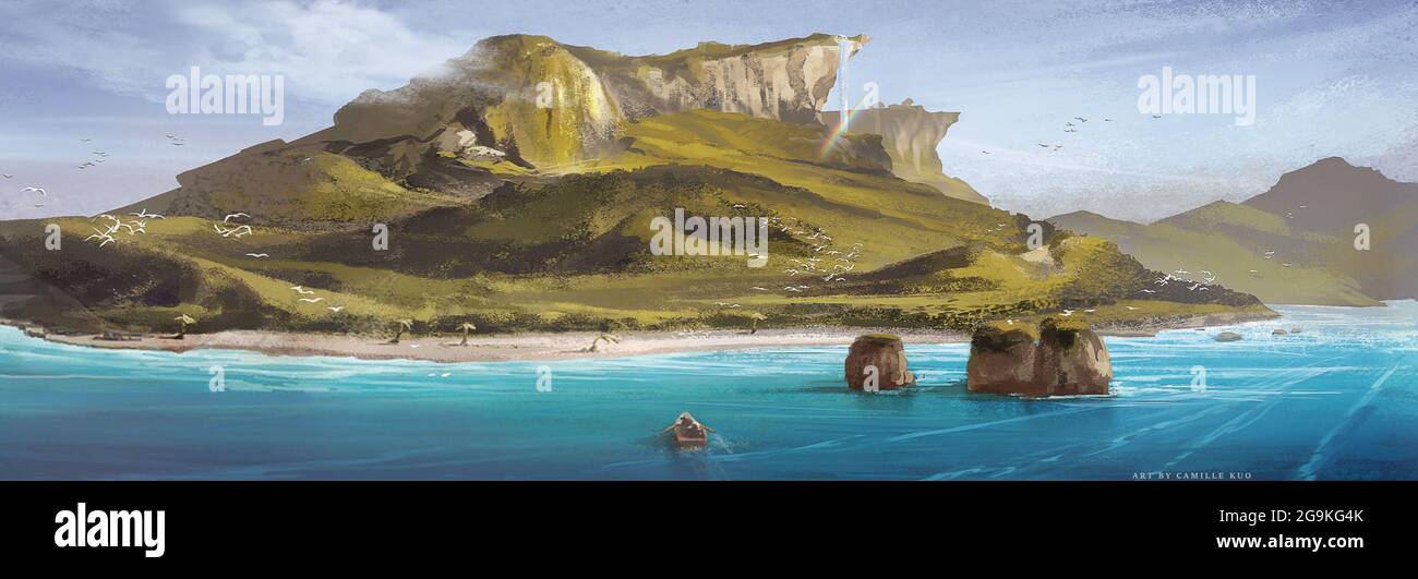 digital illustration of a small island with rainbow and waterfall from ...