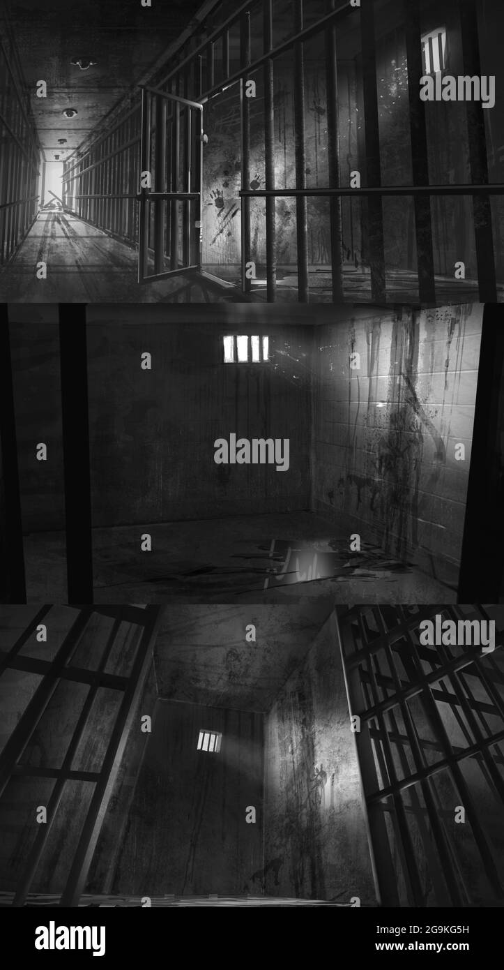 digital illustration of jail room behind bar with blood stain inside ...