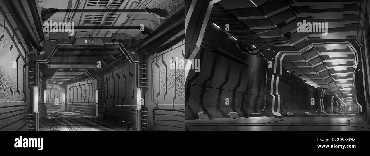 digital illustration of futuristic science fiction spacecraft corridor ...